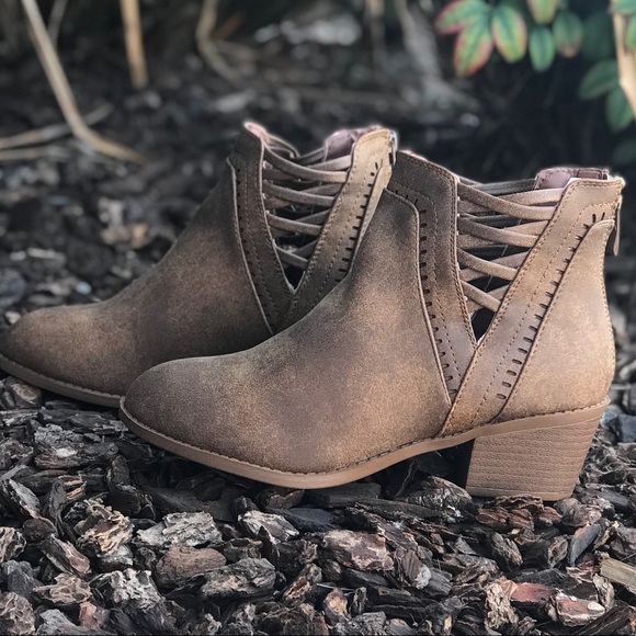 Shoes | Restock Tan Criss Cross V Cut Booties | Poshmark